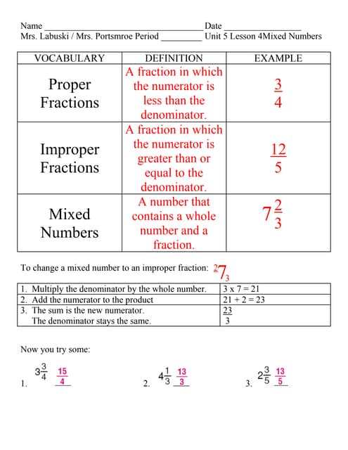 Changing improper fractions to mixed forms and vice | PPTX