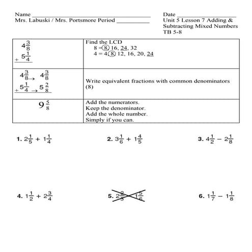 Unit 5 lesson 7 adding & subtracting mixed numbers | DOCX | Cats | Pets