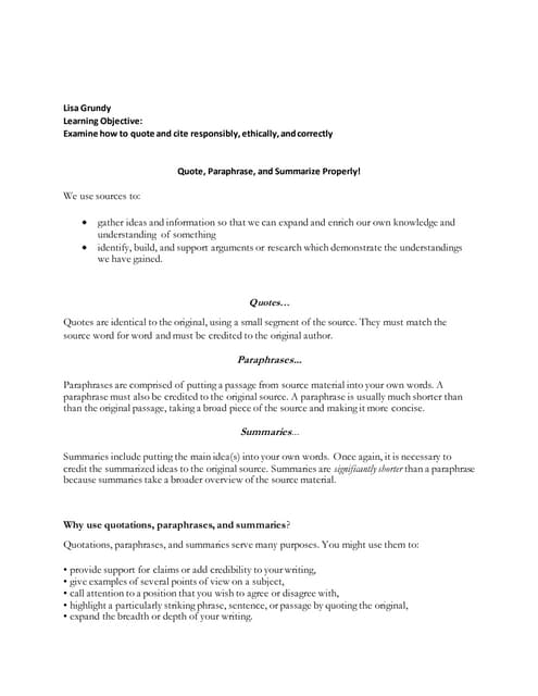 Quoting, Paraphrasing and Summarizing | PPTX