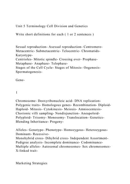 Unit 5 Terminology Cell Division andGeneticsWrite short definiti.docx