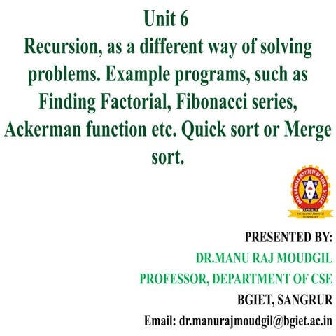 Recursion fibonnaci series quick sort merge In C language | PPT
