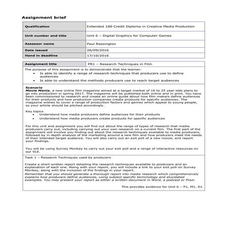 Unit 6 assignment brief pr1 research techniques in film (1) | DOC