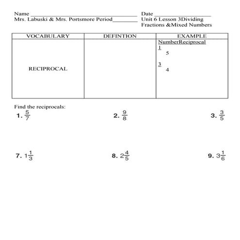 Unit 6 lesson 3 dividing mixed numbers | DOCX