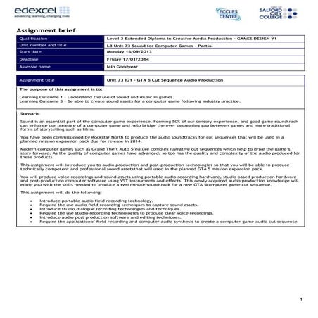 Unit 73 ig1 assignment computer game audio cut sequence production 2013_y1 | PDF