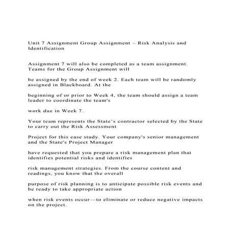 Unit 7 Assignment Group Assignment – Risk Analysis and Ident | DOCX