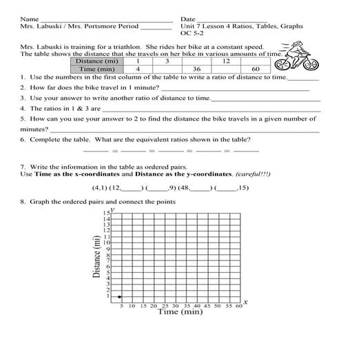 Unit 7 lesson 4 ratios tables and graphs | DOC | Cycling | Sports