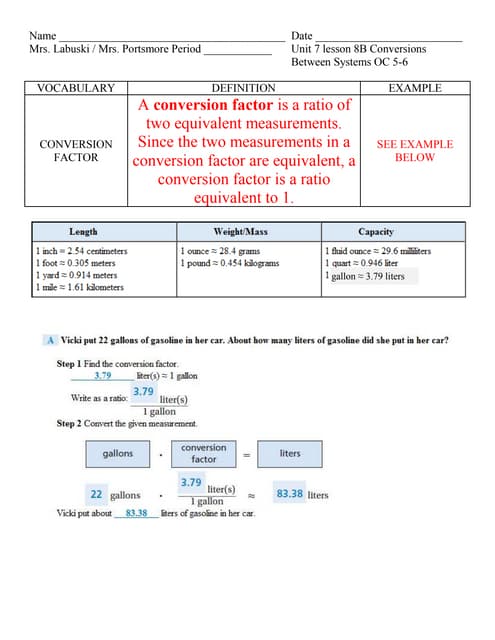 Unit 7 lesson 8 b conversion factor hw sheet | PDF