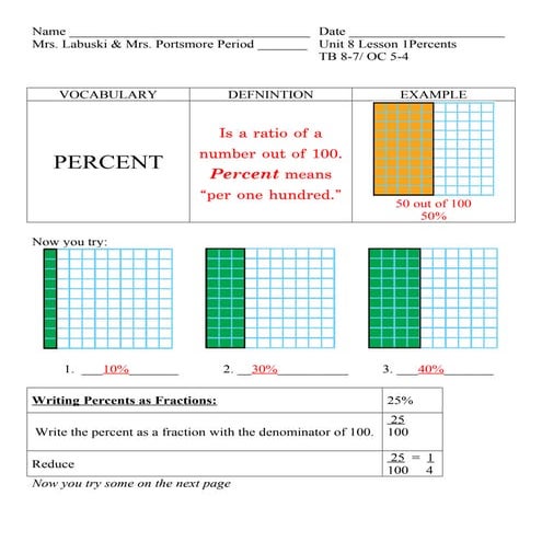 Unit 8 lesson 1 percents | DOC | Education
