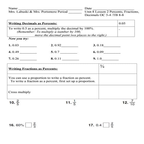Lesson 8 8 precents, fractions, decimals | DOC