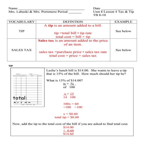 Unit 8 lesson 4 tax & tip | DOC | Business | Business and Finance