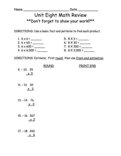 Unit Seven Math Review | PDF