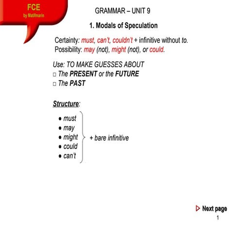 Unit 9 Grammar Contents: Modal for Speculation & Question Tags | PPT
