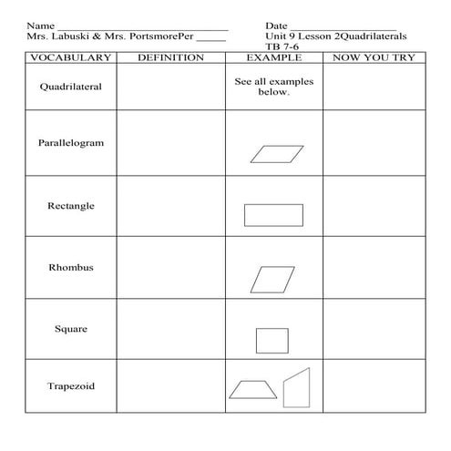 Unit 9 lesson 2 quadrilaterals | PDF