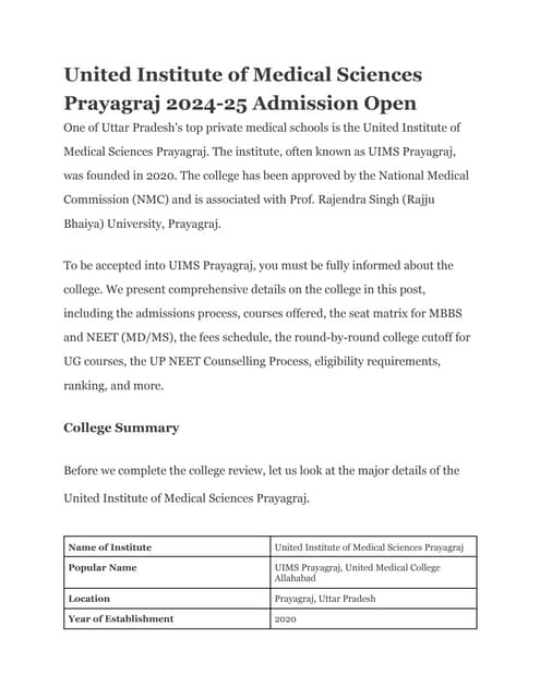 United Institute Of Medical Sciences Prayagraj 2024 25 Admission Openpdf