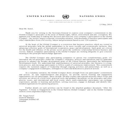 United Nations Global Compact (Welcome Letter for Teknopark İstanbul ...