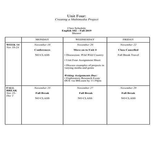 unit four / class schedule / english 102 / fall 2019 | PDF | Homework ...