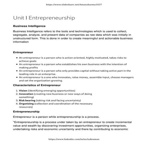 Entrepreneurship & Entreprenurs Unit I | PDF