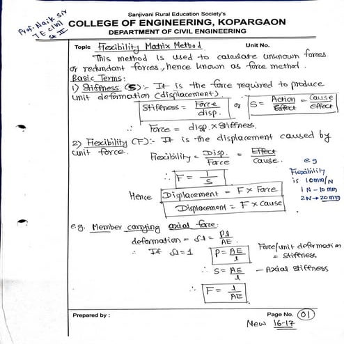 Flexibility Matrix Method for the analysis of indeterminate structures | PDF