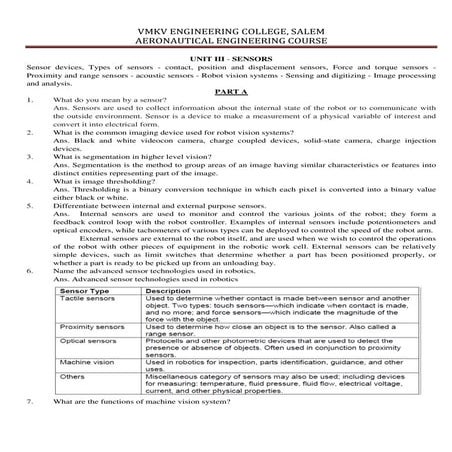 Unit III - Solved Question Bank- Robotics Engineering - | PDF