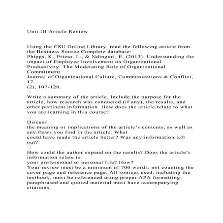 Unit III Article Review Using the CSU Online Library, read t.docx