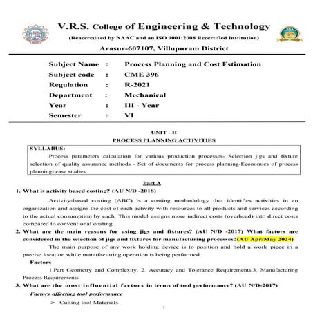 Process Planning and cost Estimation (Regulation 2021) Third year ...