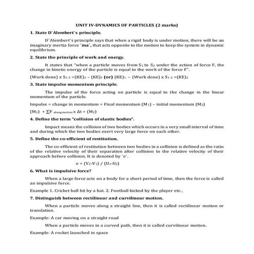 Unit iv dynamics of particles | DOCX