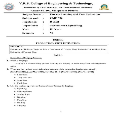 Process Planning and cost Estimation (Regulation 2021) | PDF