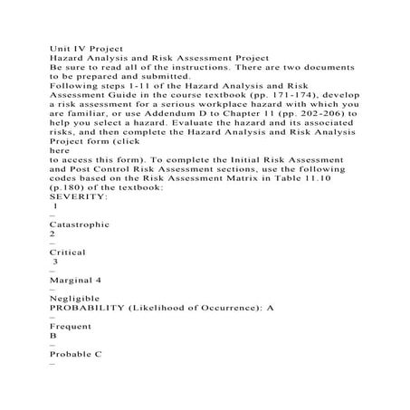 Unit IV Project Hazard Analysis and Risk Assessment Project Be s.docx