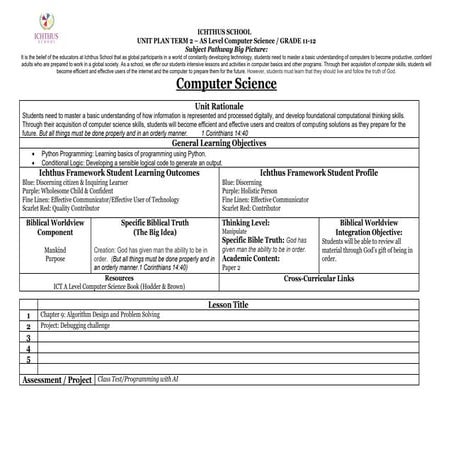 Comprehensive AS Level Computer Science Unit Plan with Biblical ...
