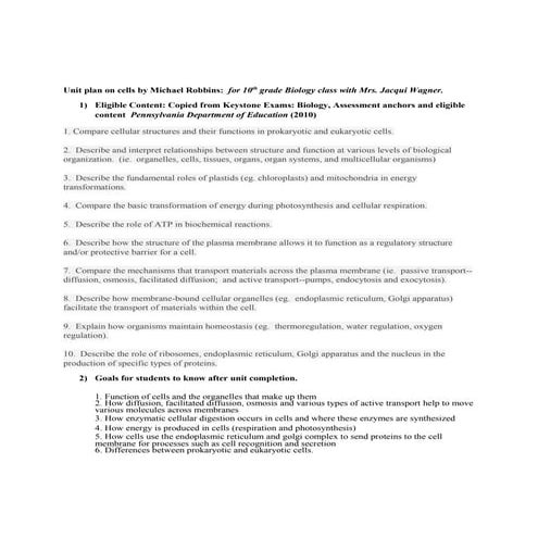 Unit Plan on Cells | PDF