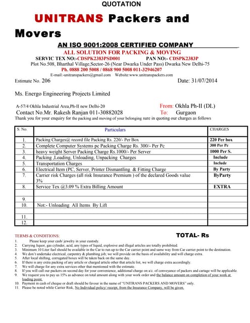 Quotations format for Packers and Movers Companies in India | PDF