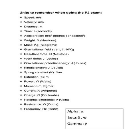 Units to remember when doing the p2 exam | DOC | Physics | Science