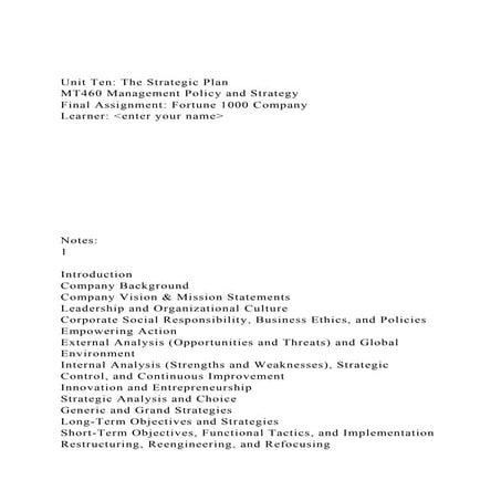 Unit Ten The Strategic Plan MT460 Management Policy and Strat.docx