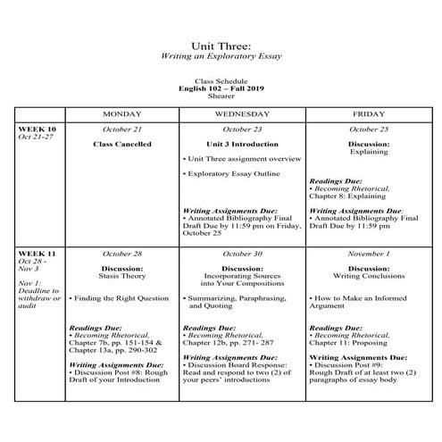 unit four / class schedule / english 102 / fall 2019 | PDF