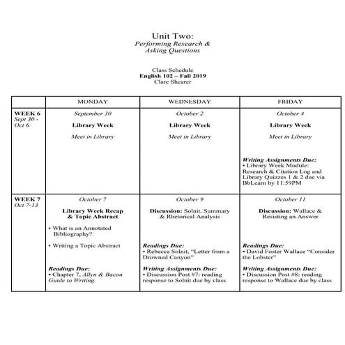 unit four / class schedule / english 102 / fall 2019 | PDF