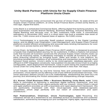 Unity Bank Partners with Uncia for its Supply Chain Finance Platform ...