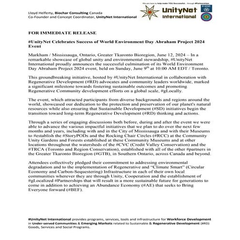 UnityNet World Environment Day Abraham Project 2024 Press Release | PDF