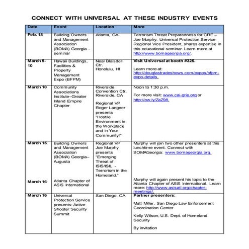 Universal Protection Service 2016 events chart | PDF