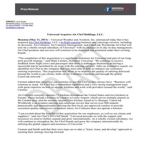 Universal Acquires Air Chef LLC In-Flight Catering | DOCX