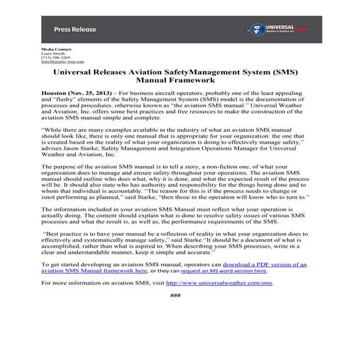 Universal Releases Aviation Safety Management System (SMS) Manual ...