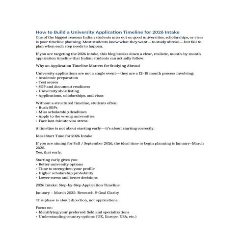 University application timeline for 2026 intake | DOCX