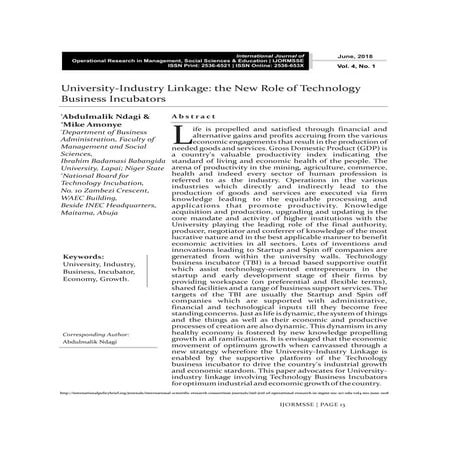 University-Industry Linkage: the New Role of Technology Incubation | PDF