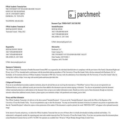 University of Texas Rio Grande Valley Transcript Deepak Danny Singh | PDF