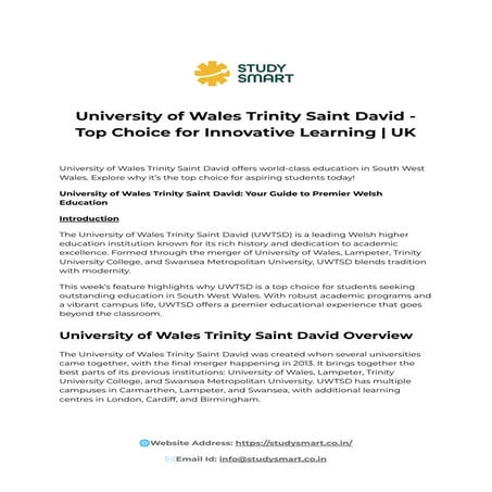 Study Destination University of Wales Trinity Saint David | PDF