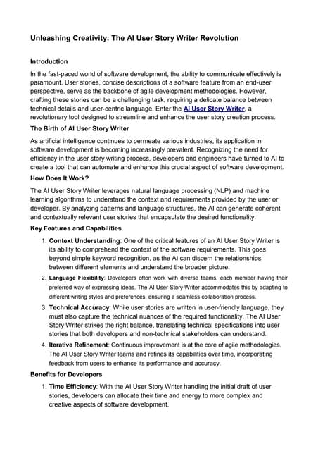 Unleashing Creativity The AI User Story Writer Revolution | PDF Unleashing Creativity The AI User Story Writer Revolution | PDF