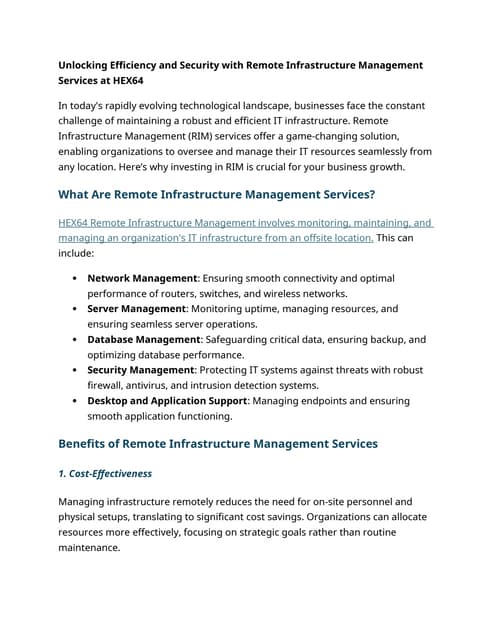 Remote Infrastructure Services with HEX64 Infosolutions | PDF
