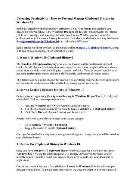 Windows 10 Clipboard History | Windows 10 Clipboard History | PDF