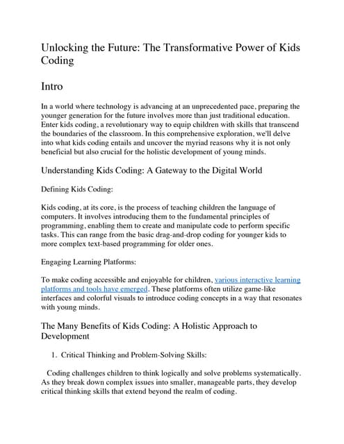 Unlocking the Future: The Transformative Power of Kids Coding | PDF Unlocking the Future: The Transformative Power of Kids Coding | PDF