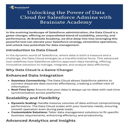 Unlocking the Power of Data Cloud for Salesforce Admins with Brainiate Academy | PDF