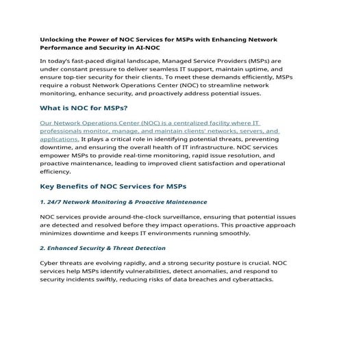 Unlocking the Power of NOC Services for MSPs with Enhancing Network ...